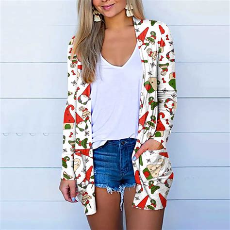 Sksloeg Christmas Long Cardigans For Women Trendy Funny Xmas Cute Santa