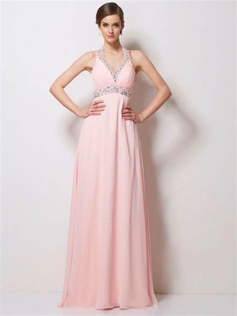 A Lineprincess Halter Sleeveless Beading Long Chiffon Dresses