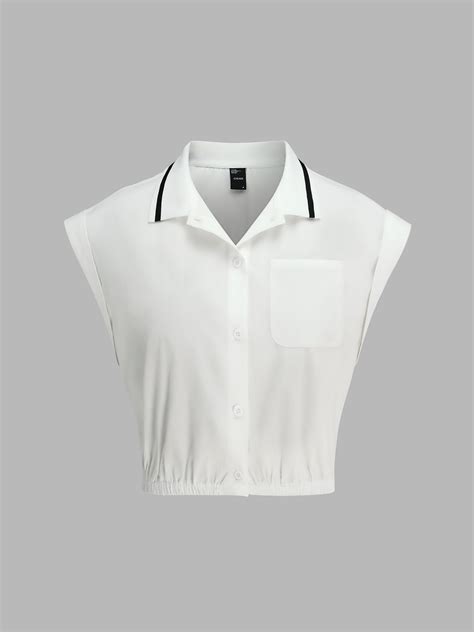 Woven Collar Solid Crop Top For School Daily Casual