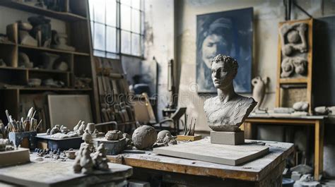 Sculptor S Workspace Clay Tools And Half Finished Sculptures In An