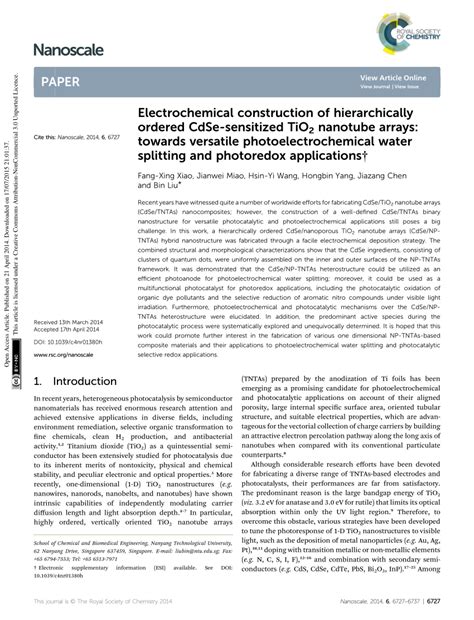 Pdf Electrochemical Construction Of Hierarchically Ordered Cdse Sensitized Tio2 Nanotube