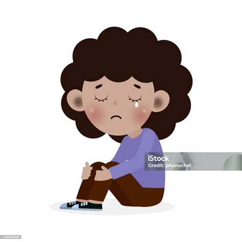 슬픈 아이 블랙 우울한 아이 아프리카 계 미국인 외로워 보이는 슬픈 어린 아이 혼자 앉아서 울고 무력한 흰색 배경 벡터에 고립 된 왕따 일러스트 레이 션 가족에 대한 스톡