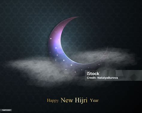 해피 뉴 회교자 년 1441 배너입니다 푸른 밤 초승달 이슬람 휴일 배너입니다 구름과 스타 이드 무바라크 배경 달입니다 아랍어 패턴이 있는 벡터 그림입니다 선물용 그래픽