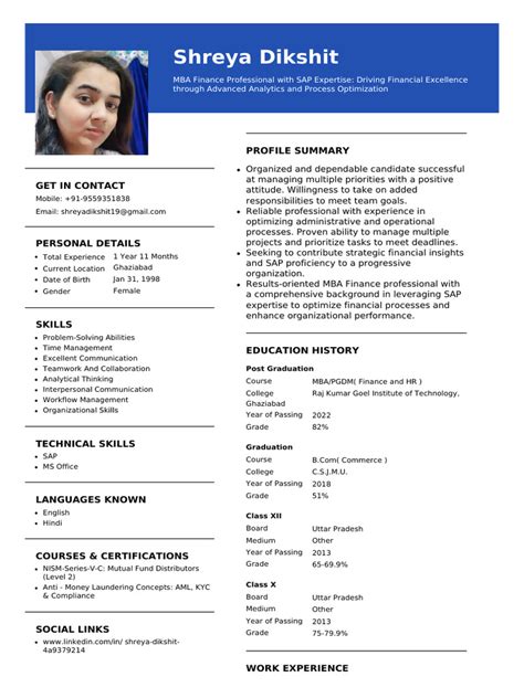 Shreya Resume Mba Pdf Master Of Business Administration Invoice
