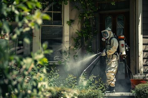 Pest Control Worker In Protective Gear Spraying A House Premium Ai