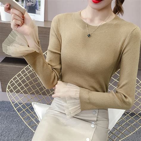웨스턴 스타일 레이스 스티치 스웨터 슬림 피트 내부 착용 긴 소매 가을과 겨울 Undershirt 여성 스레드 라운드 넥풀오버