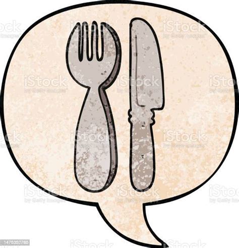 Ilustración De Cuchillo Y Tenedor De Dibujos Animados Con Burbuja De