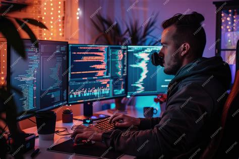 Side View Of Software Developer Coding Program Or Engineering Prompt Aig Premium Ai Generated