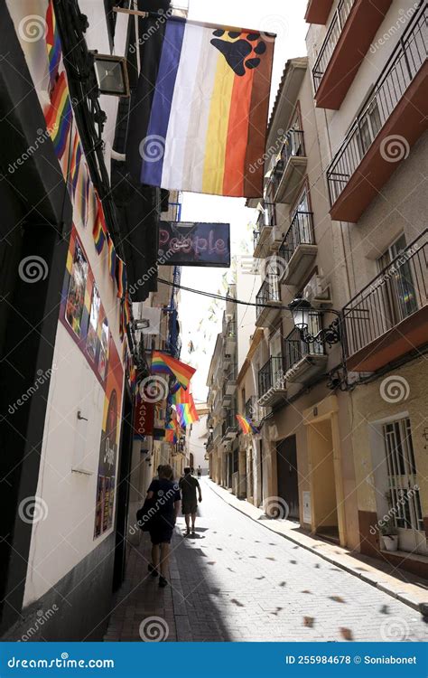 Streets And Facades Adorned With Rainbow Flags In Benidorm Editorial