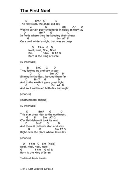 The First Noel Chord Chart Printable Pdf Download