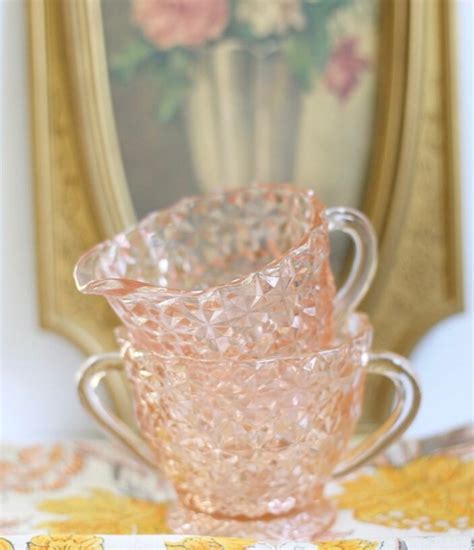 1940s Pink Depression Glass Sugar Bowl And Creamer Set Buttons Etsy