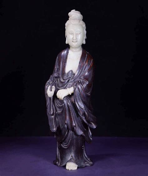 大成美術 仏教古美術 紫檀木象嵌寿山石彫刻 観音立像（検） 清代 唐物 中国美術 骨董 古玩 195 日本代购买对网