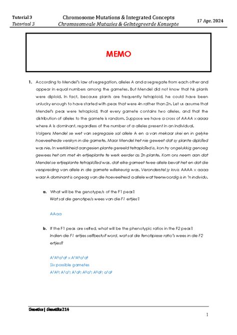 Tutorial 3 Memo 2024 17 Apr 202 4 Tutoriaal 3 Chromosomeale Mutasies And Geïntegreerde