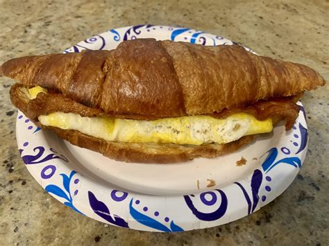 Bacon Egg And Cheese Betwixt A Costco Croissant Dining And Cooking