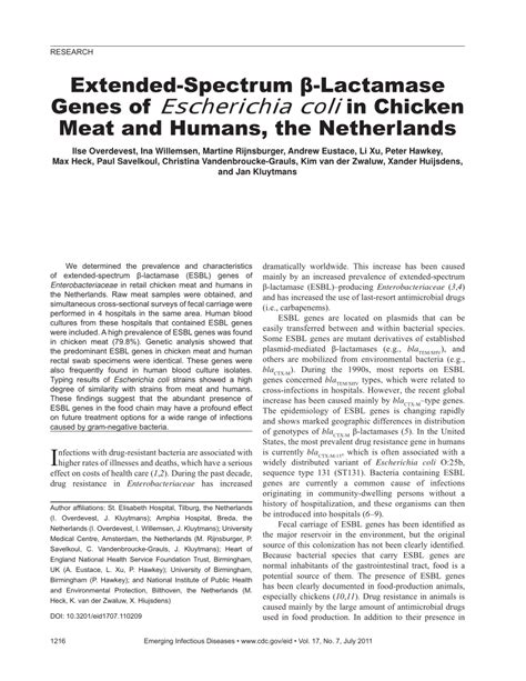 Pdf Extended Spectrum B Lactamase Genes Of Escherichia Coli In Chicken Meat And Humans The