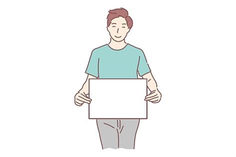 행복한 남자는 흰색 빈 배너를 들고 복사 공간을 가리킵니다 간판에 대한 스톡 벡터 아트 및 기타 이미지 간판 공란 광고