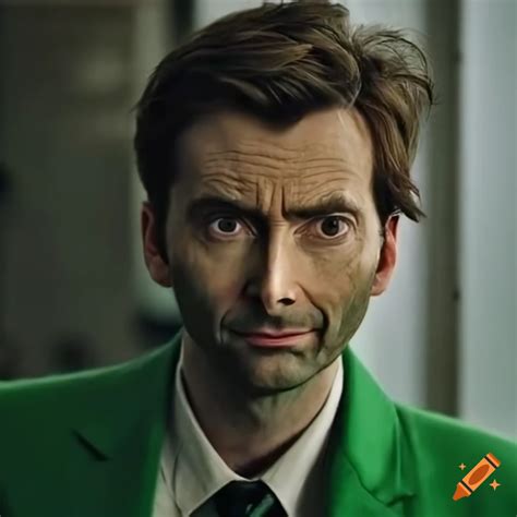 David Tennant As The Riddler From Dc Comics Smirking With A Cane And