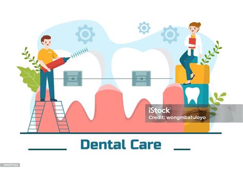 치과 의사가 인간의 치아를 치료하고 의료 장비를 사용하여 청소하는 치과 치료 벡터 일러스트레이션 플랫 만화 배경 디자인 건강관리와 의술에 대한 스톡 벡터 아트 및 기타
