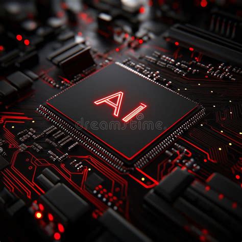 Red Ai Illuminated On Computer Chip Amidst Complex Circuitry Stock