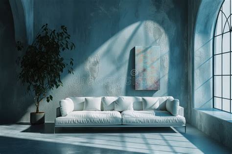 Interior Of Modern Living Room With Blue Walls Concrete Floor