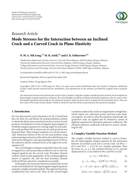 Pdf Mode Stresses For The Interaction Between An Inclined Crack And A Curved Crack In Plane