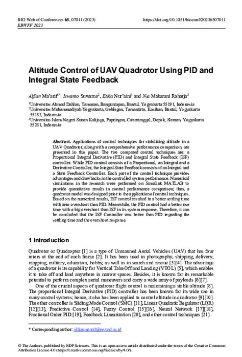 Pdf Altitude Control Of Uav Quadrotor Using Pid And Integral State Feedback