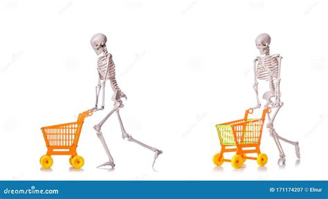 Skeleton With Shopping Cart Trolley Isolated On White Stock Image