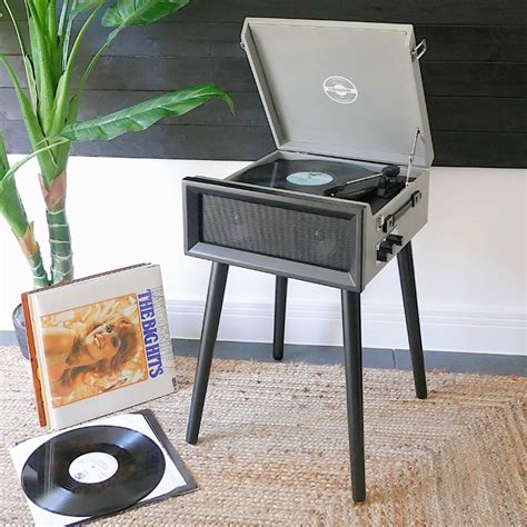 Personalised Retro Style Record Player On Legs Grey Record Sticker