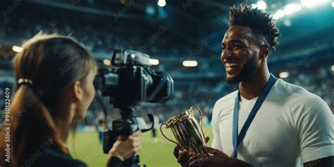 Proud Athlete Holding Trophy And Being Interviewed By A Journalist The Bright Stadium Lights