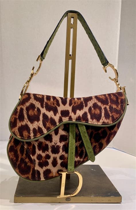 Iconic Christian Dior Leopard Print Saddle Bag With Gold Tone Logo