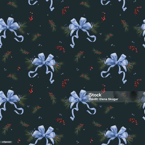 새틴 리본과 블루 리본 크리스마스 완벽 한 패턴 소나무 가지와 겨울 열매 수채화 디지털 일러스트레이션 새해 나무 가지와 Blackthorn과 야생 포도는 배경에 고립되어