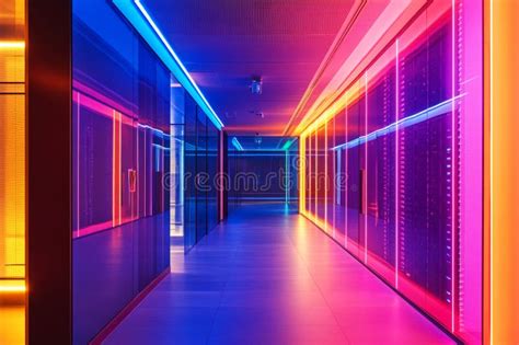A Vibrant Data Center Corridor With Glowing Led Lights And Rows Of Sleek Server Racks Creates A