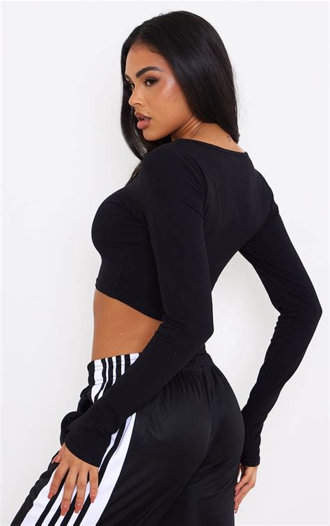 Black Cotton Long Sleeve Crop Top Tops Prettylittlething