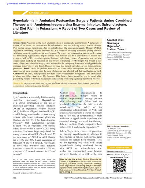 Pdf Hyperkalemia In Ambulant Postcardiac Surgery Patients During Combined Therapy With