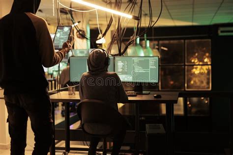 Cyberattack Hackers Running Spyware Code On Computer Screen Stock