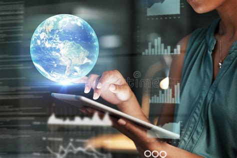Tablet Hands And Globe Hologram With Analytics Graph And Future