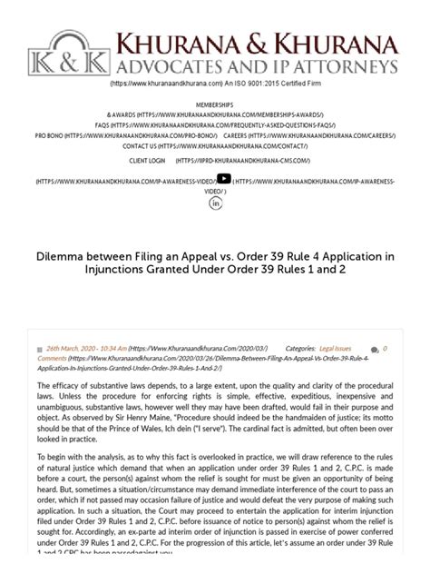 Dilemma Between Filing An Appeal Vs Order 39 Rule 4 Application In Injunctions Granted Under