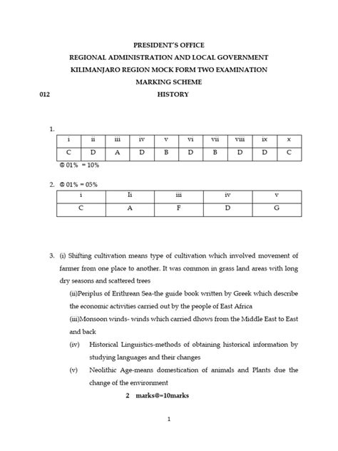 History Marking Scheme Form 2 Mock 2024 Pdf Social Science Travel