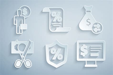 대출 퍼센트 돈 가방 가위 자르는 돈 달러로 모니터 금융 문서 및 사업가 계획 마음 아이콘을 설정합니다 벡터 3차원 형태에 대한 스톡 벡터 아트 및 기타 이미지 Istock