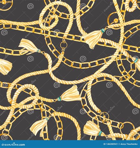 Seamless Pattern Golden Chain And Ropes Glamour Illustration In A