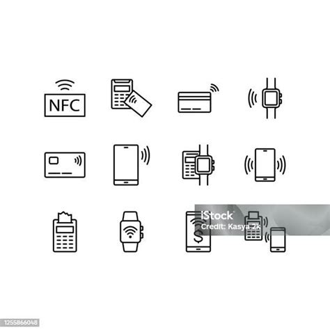 Nfc 결제 아이콘 비접촉식 무선 급여 기호 로고 Pos 단말기로 지불하는 스마트 폰과 카드 Nfc의 벡터 기호 편집 가능한 스트록 근거리 무선 통신에 대한 스톡 벡터 아트