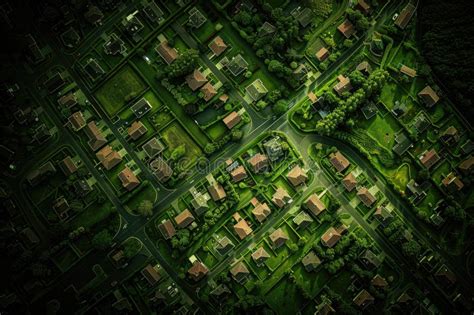 Aerial View Of Suburban Neighborhood With Houses And Streets Stock