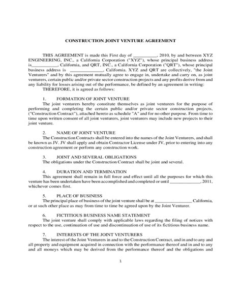 2025 Joint Venture Agreement Template Fillable Printable PDF Forms