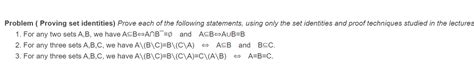 solved problem proving set identities prove each of the