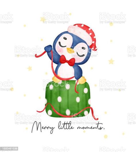 유쾌한 아기 펭귄은 축제 수채화 만화 삽화로 크리스마스 선물 상자를 포장합니다 카드 초대장 장식에 적합합니다 0명에 대한 스톡 벡터 아트 및 기타 이미지 Istock