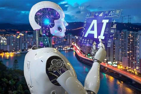 ai robot analyzing digital data in a futuristic cityscape with advanced