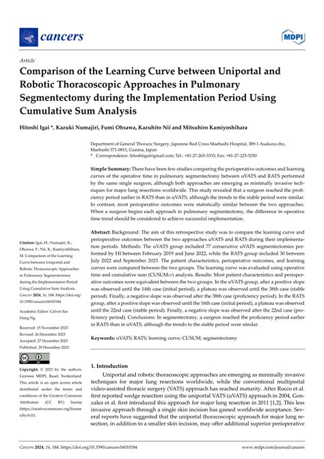 Pdf Comparison Of The Learning Curve Between Uniportal And Robotic Thoracoscopic Approaches In