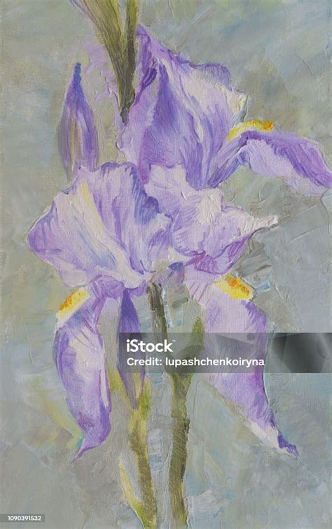 유행 그림 현대 미술 인상파 스타일에서 캔버스 수직 여름 프리 피 보라색 아이리스에 내 원래 유화 작품 배경 주제에 대한 스톡