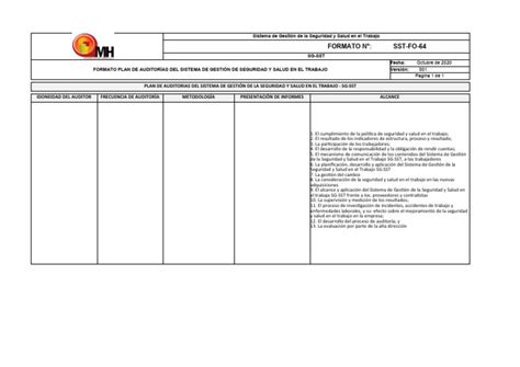 Anexo 71 Sst Fo 64 Formato Plan De Auditorias Del Sg Sst Pdf Business