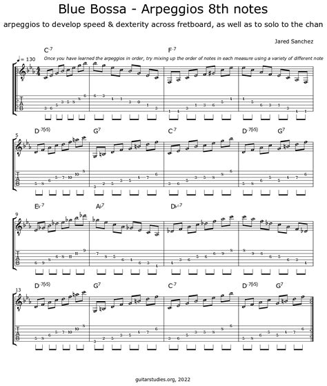 Blue Bossa Arpeggios 8th Notes Sheet Music For Classical Guitar
